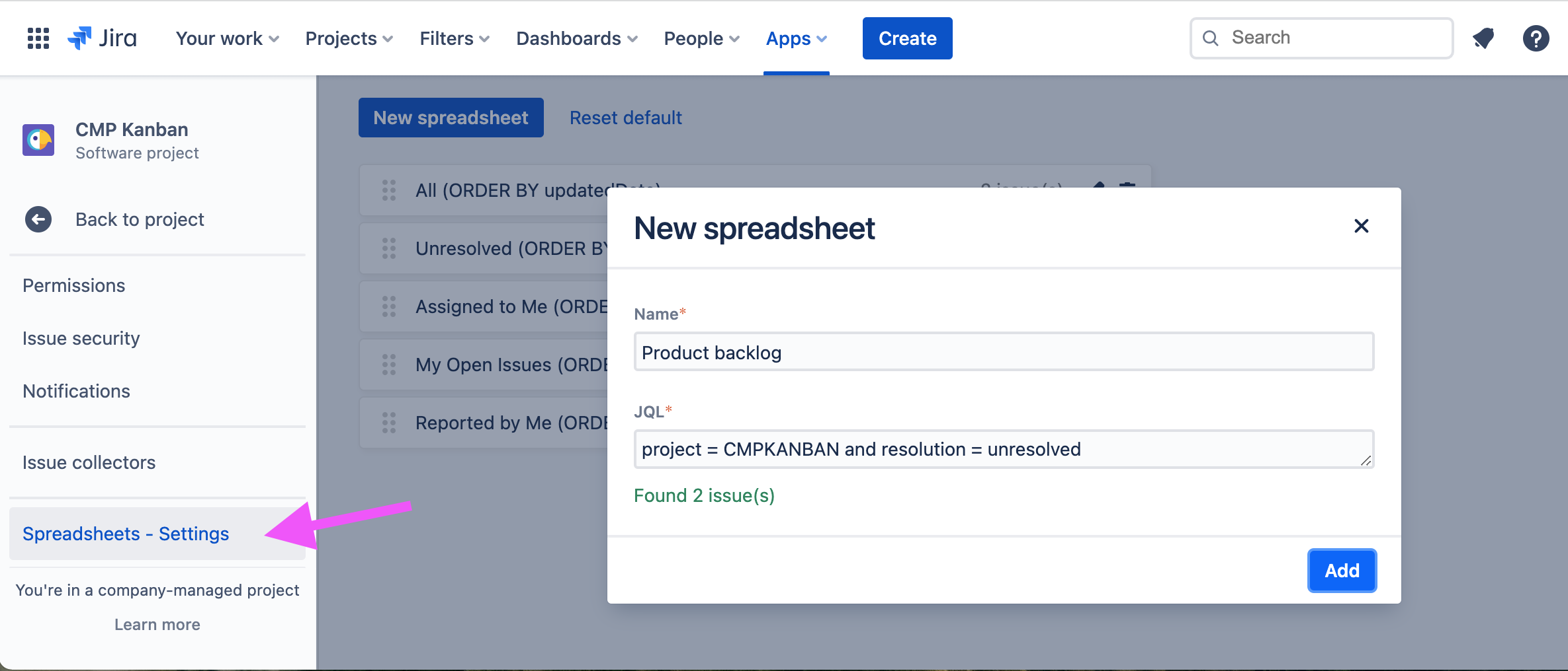 Project Spreadsheets Configuration